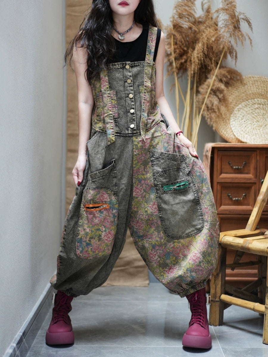 Women Summer Retro Flower Patch Spliced Denim Jumpsuits – BUYKUD
