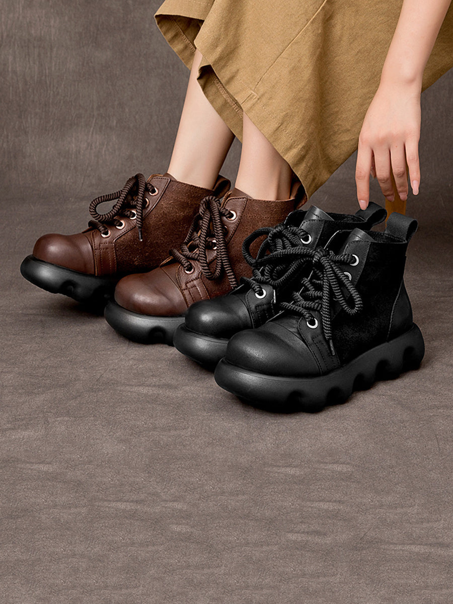 Women Vintage Leather Spliced Strap Mid-Heel Martine Boots – BUYKUD