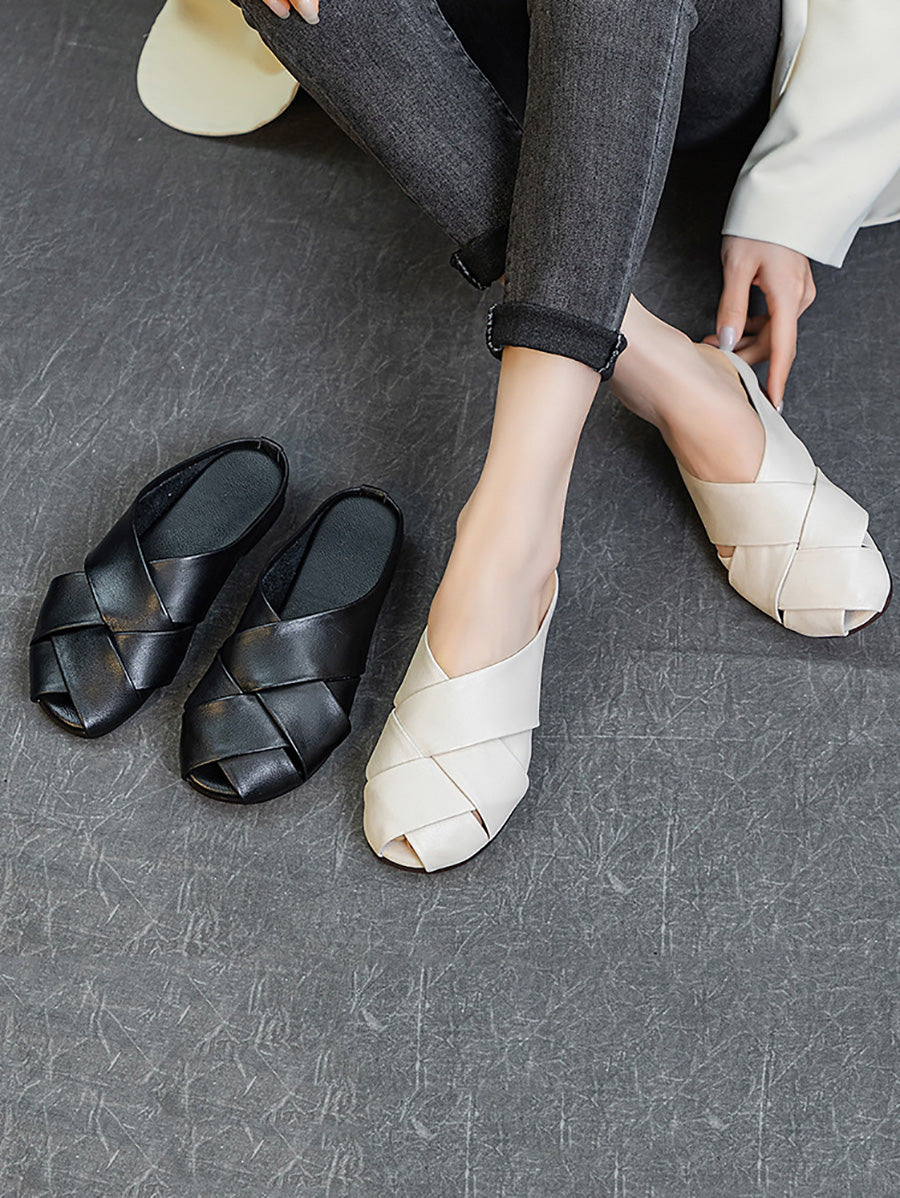 Women Summer Soft Leather Low Heel Weave Slippers – BUYKUD