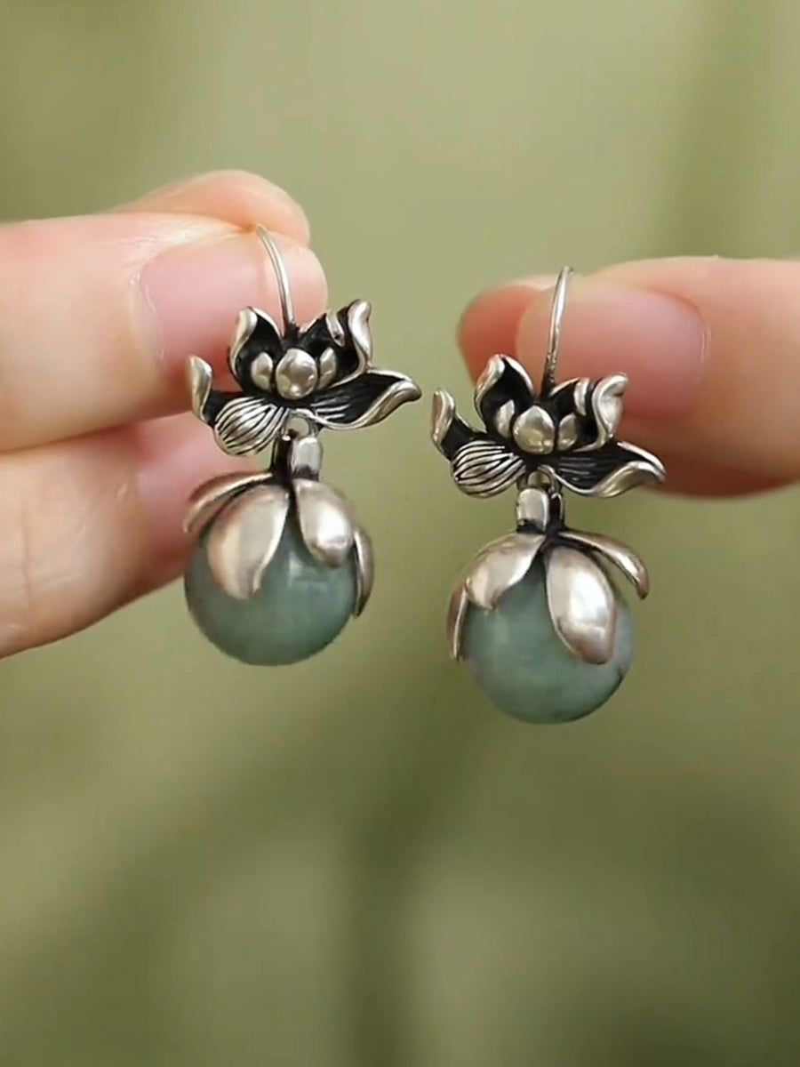 Women Vintage Jade Lotus Alloy Earrings – BUYKUD