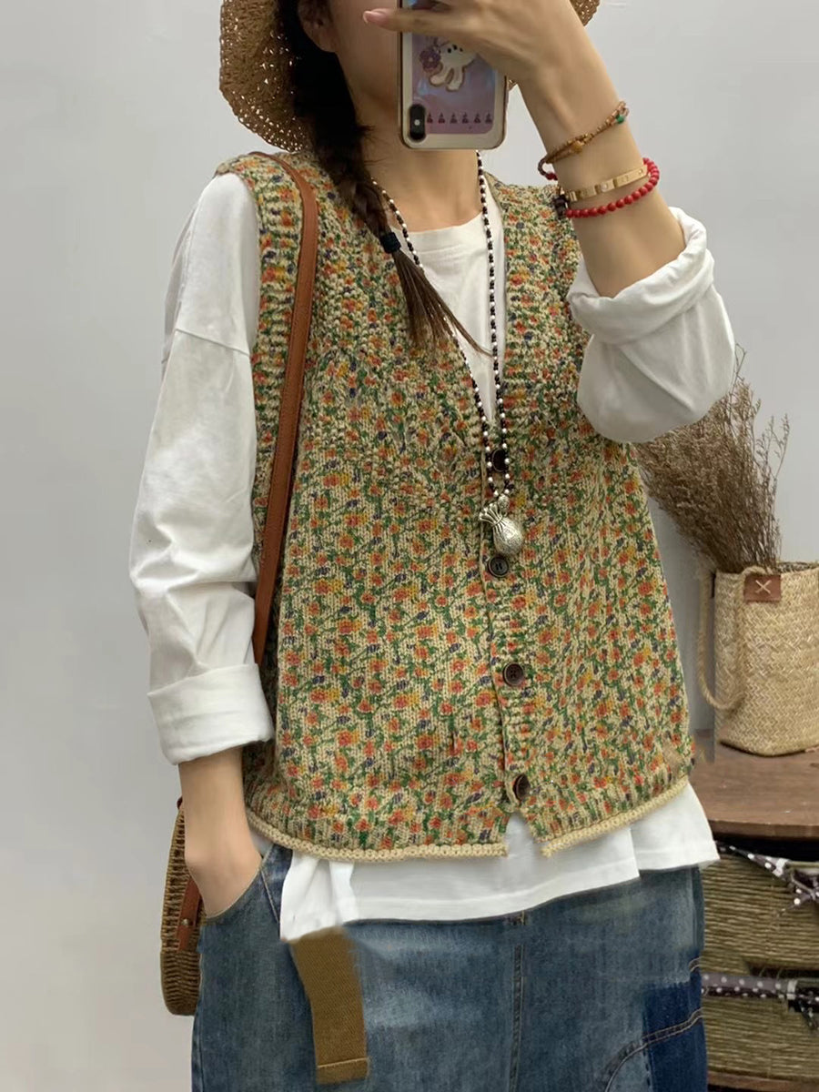 Women Spring Floral Artsy V-Neck Knitted Vest – BUYKUD