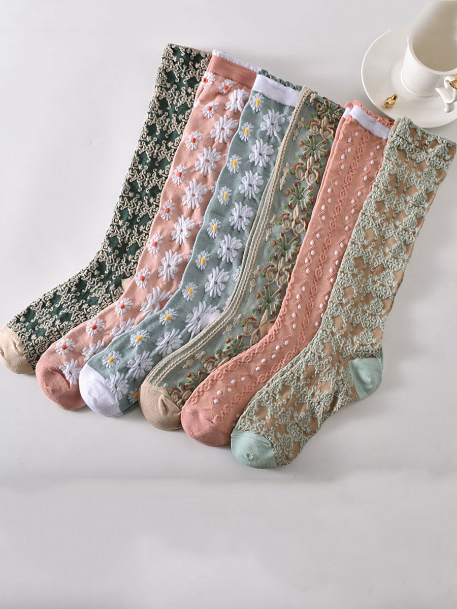 6 Pairs Women Artsy Floral Jacquard Cotton Long Socks – BUYKUD