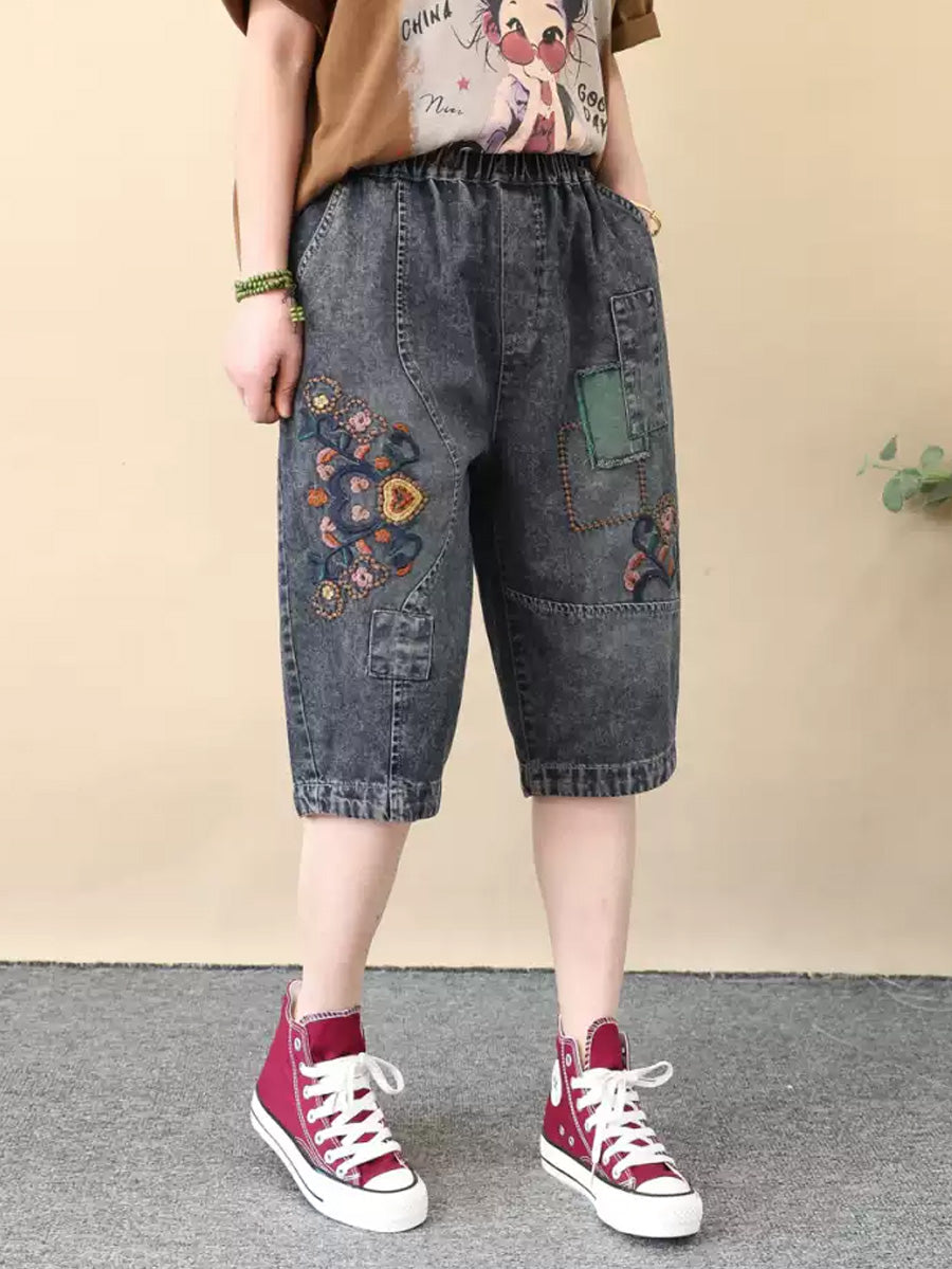 Women Retro Flower Embroidery Denim Fifth Pants – BUYKUD