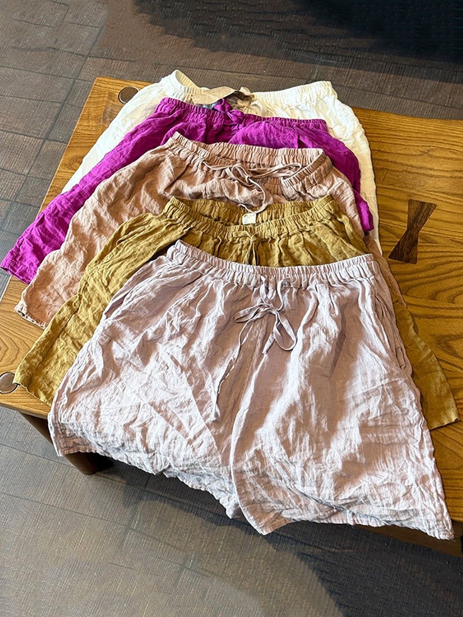 Women Summer Vintage Pure Color Linen Fifth Pants – BUYKUD