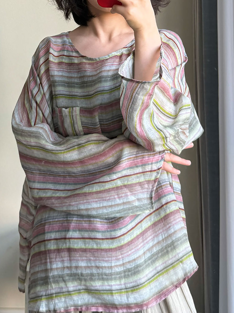 Women Summer Artsy Stripe O-Neck 100%Raime Shirt – BUYKUD