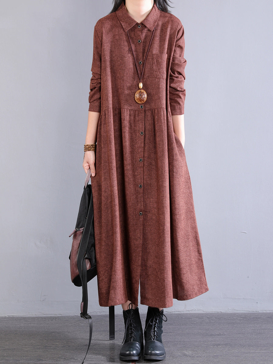 Women Autumn Pure Color Turn-down Collar 100%Cotton Dress – BUYKUD