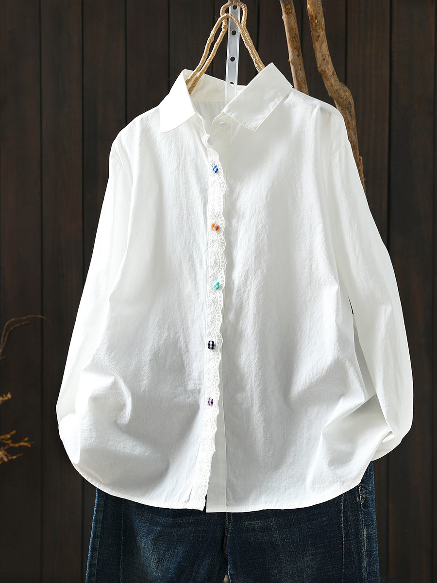 Plus Size Women Spring Pure Color Turn-down Collar 100%Cotton Shirt ...