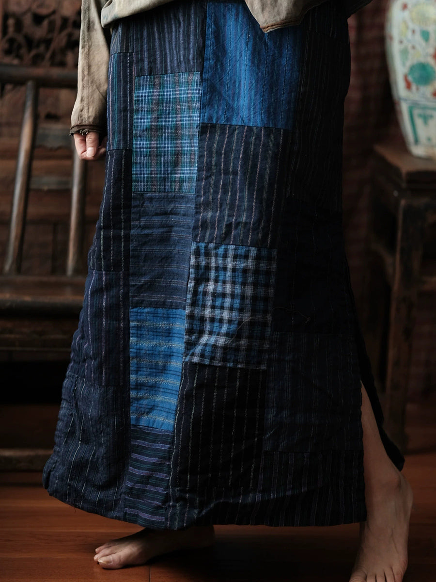 Women Spring Retro Patchwork Cotton Split Hem Skirt – BUYKUD
