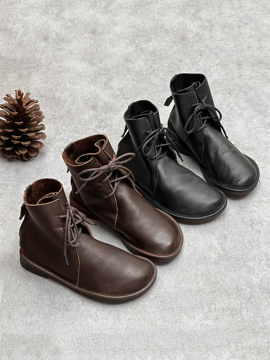 Women Winter Vintage Genuine Leather Drawstring Ankle Boots – BUYKUD