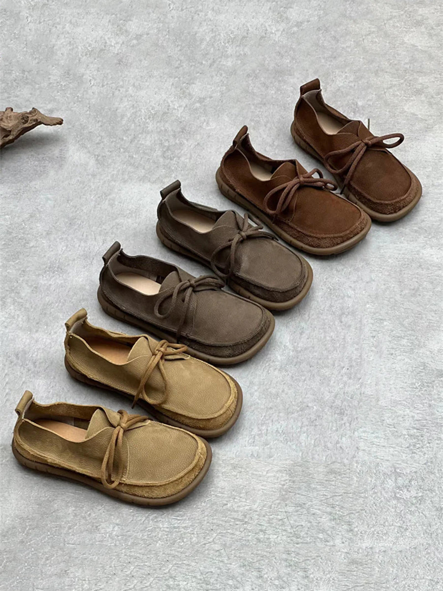 Worn Leather Spliced Drawstring Solid Soft Shoes – BUYKUD