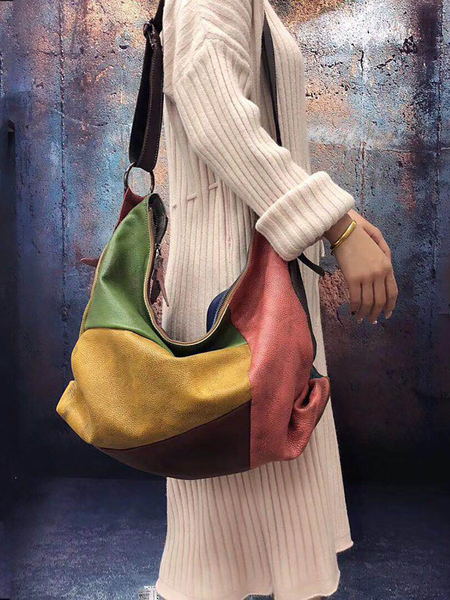 Retro Leather Crossbody Bag for Women - Contrast Color Shoulder Bag ...