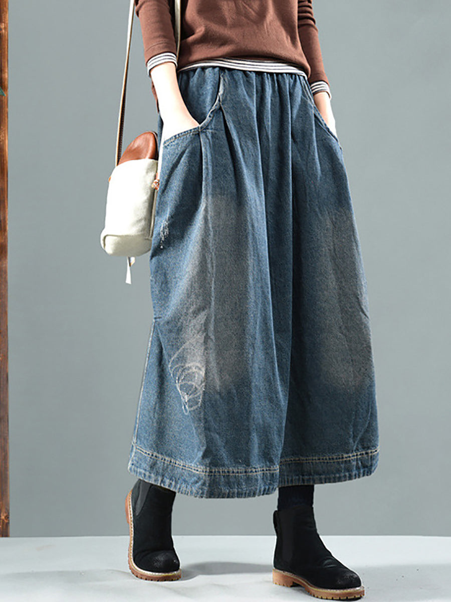 Women Retro Fade Pocket Elastic Waist Denim Skirt – BUYKUD