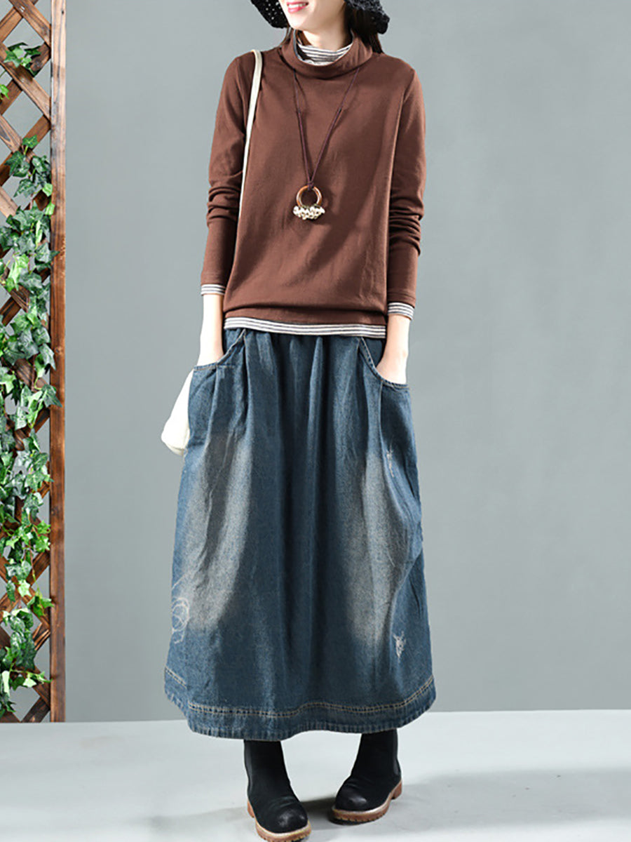 Women Retro Fade Pocket Elastic Waist Denim Skirt – BUYKUD