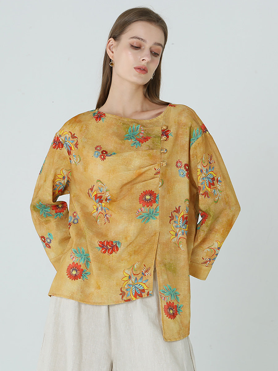 Plus Size Flower Prints Long Sleeve Spring Women Linen T-Shirt M-2XL ...